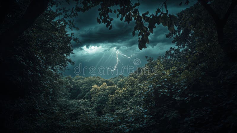A Stormy Sky Looms Over a Dense Forest. Lightning Strikes in the ...