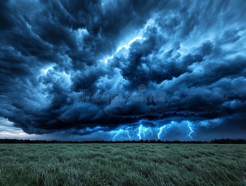 Stormy Sky Over Green Field Lightning Bolts Stock Photos - Free ...