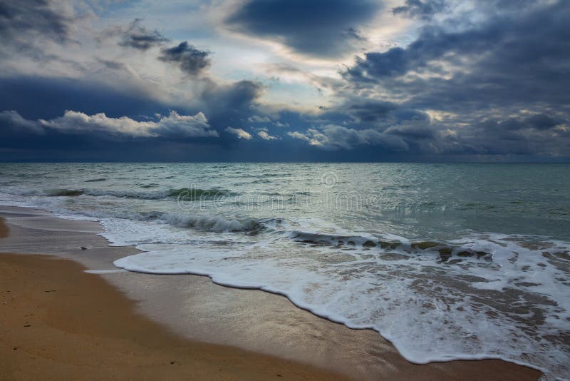 Stormy Sky Over Sea and Sandy Beach Stock Image - Image of clouds ...