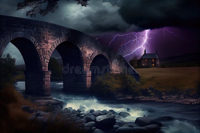 Stormy Sky and Stone Bridge, with Flashes of Lightning in the ...