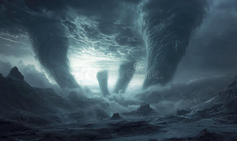 A Stormy Sky with Three Tornadoes in the Distance Stock Image - Image ...