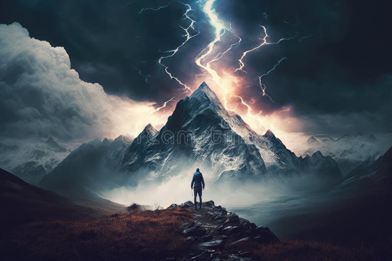Stormy Sky with Thunderclouds and Lightning Over Mountain Peak, with Man from Behinde Stock ...