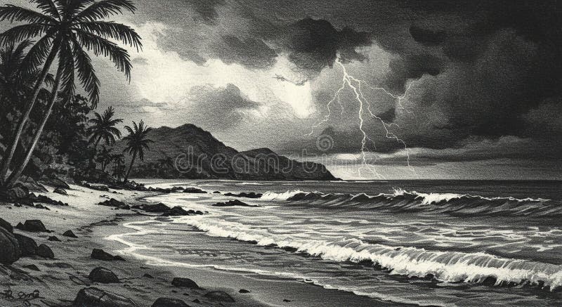 Stormy Tropical Beach Scene - Pencil Drawing Stock Illustration ...