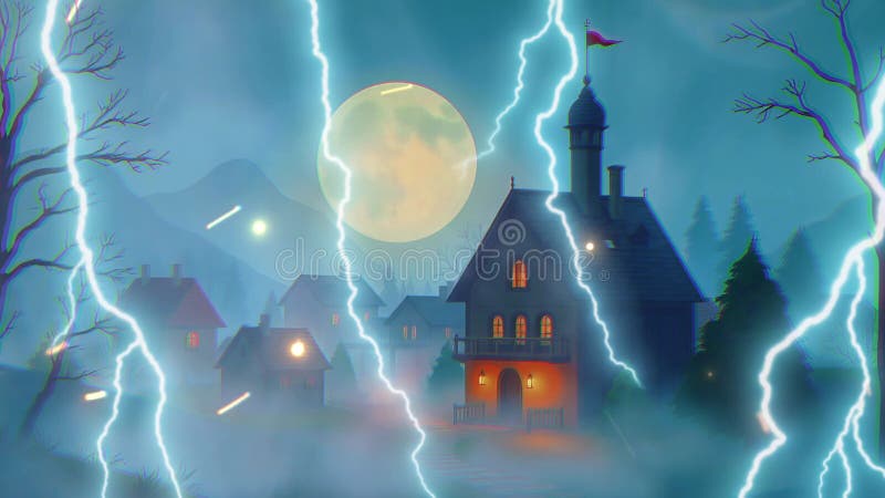 Stormy Village Night Animation: Dramatic Lightning Strikes Over a ...