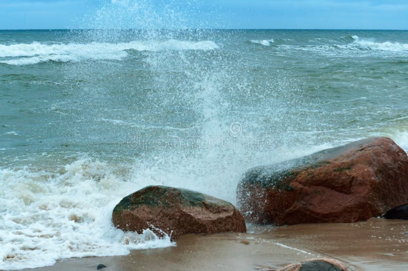 Stormy Weather by the Sea, Sea Wave Beats on a Stone Stock Image ...