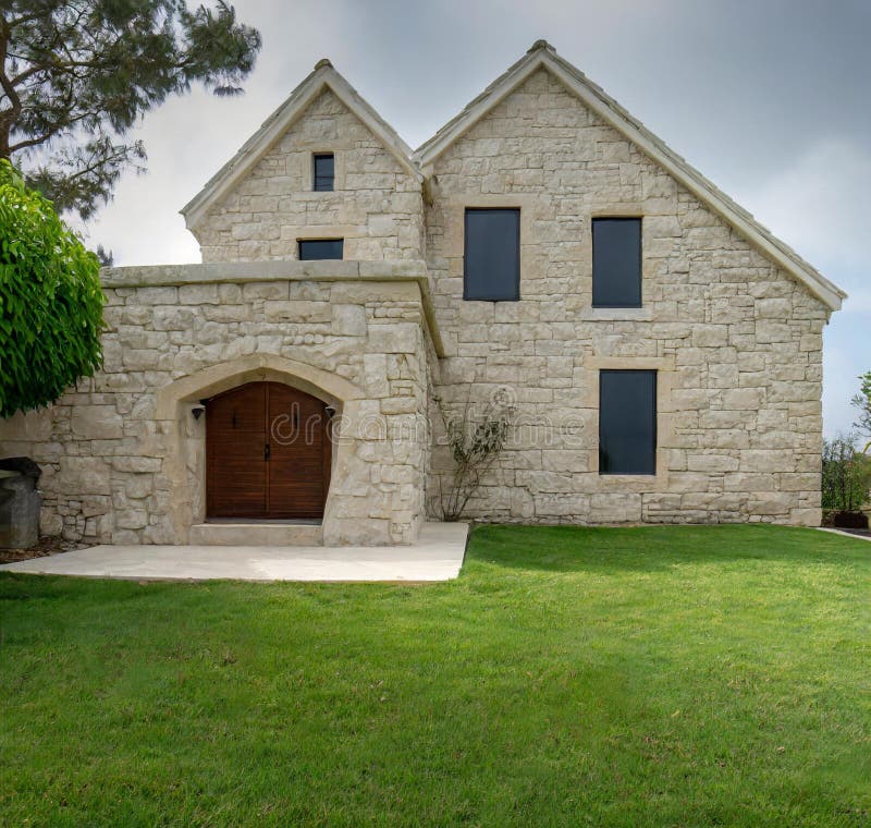 House of Limestone with Lawn Stock Photo - Image of sidewalk, green ...