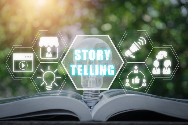 Light Bulb on Book with Story Telling Icon on Virtual Screen Stock ...