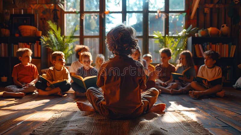 Story Time with Children in a Rustic Setting Stock Illustration ...