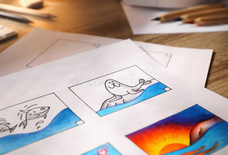Storyboard with Cartoon Sketches at Workplace. Pre-production Process ...