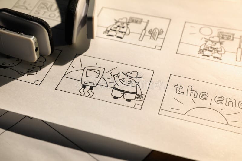 Storyboard with Cartoon Sketches at Workplace, Closeup. Pre-production ...