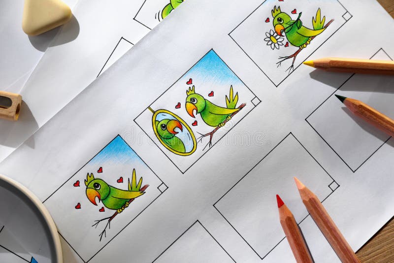 Storyboards with Cartoon Sketches at Workplace, Flat Lay. Pre ...