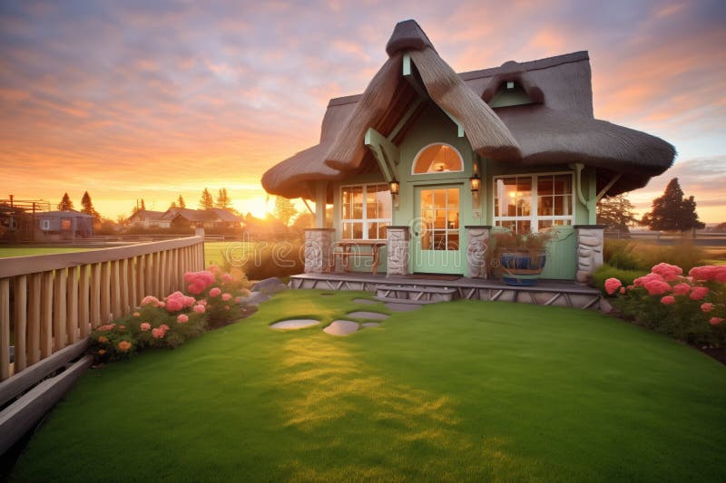 Storybook Cottage at Sunrise with Dewcovered Grass Stock Illustration ...