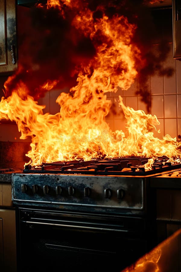 A Stove that is on Fire in a Kitchen Stock Image - Image of home, area ...