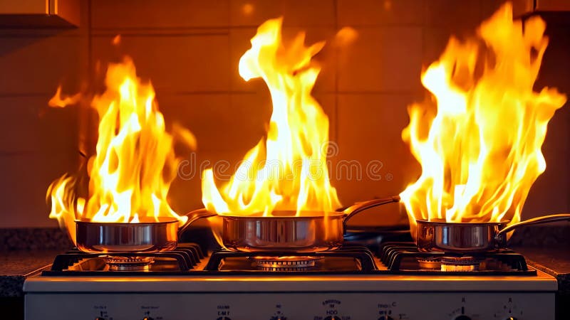 A Stove Top with Pots and Pans on Fire in a Kitchen Stock Footage ...