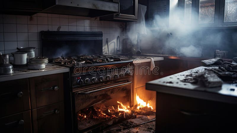 Stove Ignited in the Kitchen during Cooking, Smoke and Soot Around ...