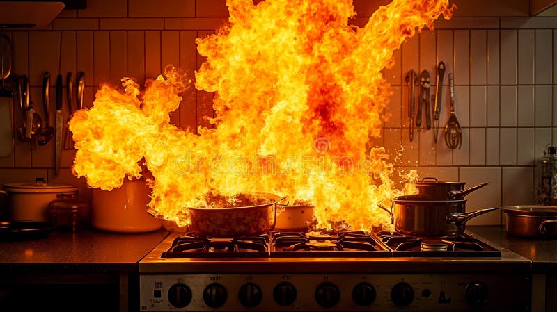 A Stove with a Pot on Top of it on Fire in a Kitchen Stock Photo ...
