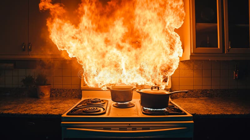 A Stove with a Pot on Top of it on Fire in a Kitchen Stock Photo ...