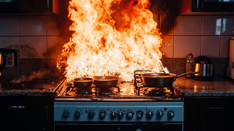 A Stove with Pots and Pans on it on Fire in a Kitchen Stock Image ...