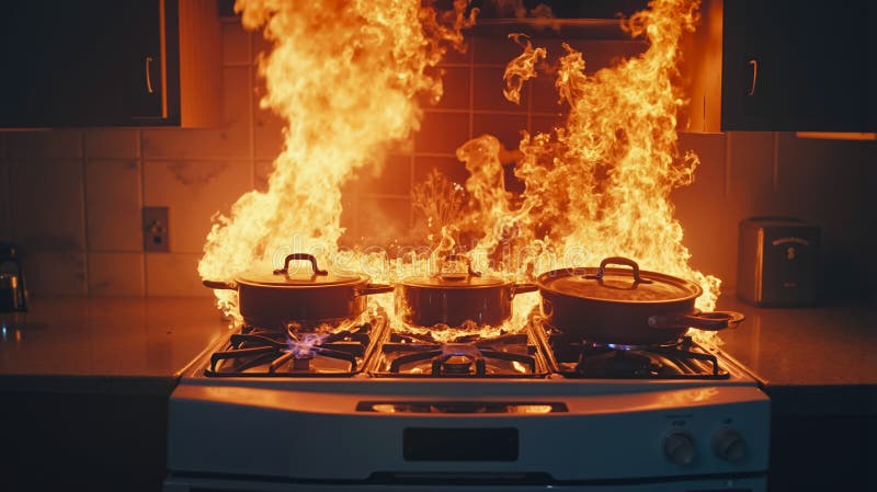 A Stove with Pots and Pans on Top of it on Fire Stock Photo - Image of ...