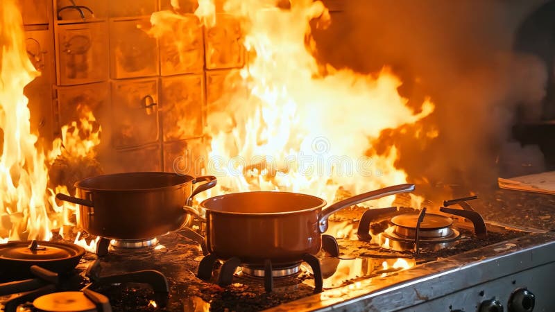 A Stove with Pots and Pans on Top of it on Fire Stock Video - Video of ...