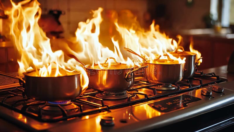 A Stove Top with Pots and Pans on Fire in a Kitchen Stock Footage ...