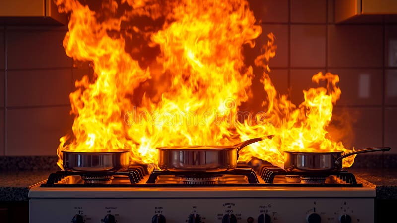 A Stove Top with Pots and Pans on Fire in a Kitchen Stock Photo - Image ...