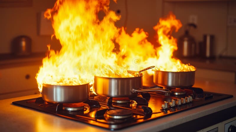 A Stove Top with Two Pots on Fire in a Kitchen Stock Image - Image of ...
