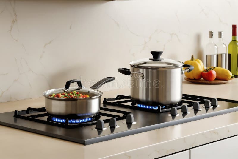 A Stove Top with Two Pots on it Stock Image - Image of steel, induction ...