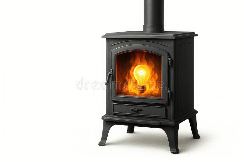A Stove in Which a Glowing Light Bulb Burns. Space for Text. Stock ...