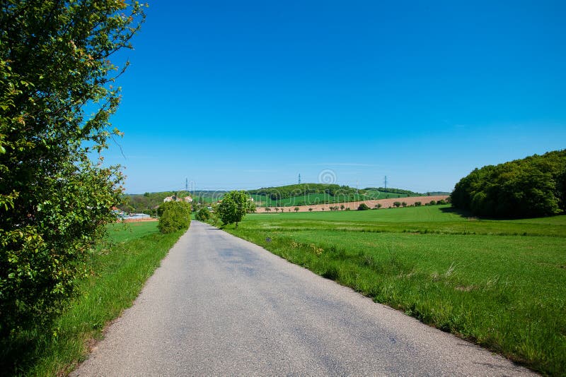 Strada E Prato Con Gli Alberi Contro Il Cielo Blu Immagine Stock ...