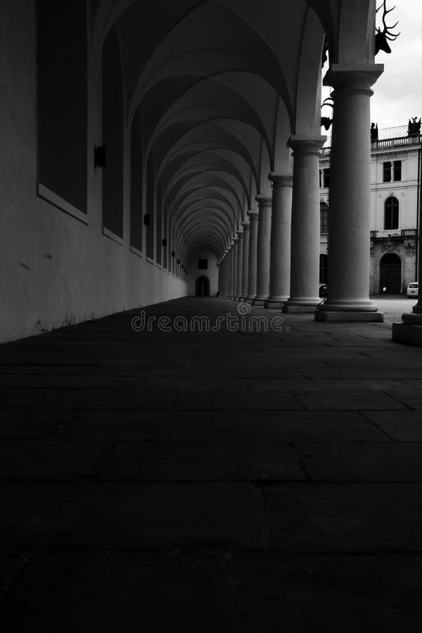 Straight Alley of an Old Building, Vertical Grayscale Shot Editorial ...