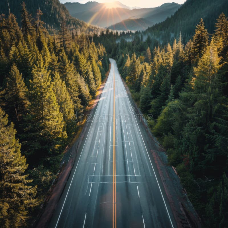 A Straight Asphalt Road through a Forest at Sunset Stock Illustration ...