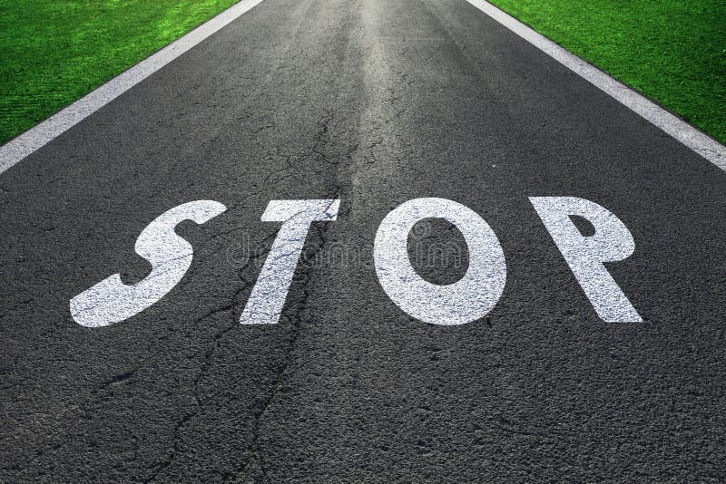 Straight Asphalt Road with Stop Message Sign Stock Image - Image of ...