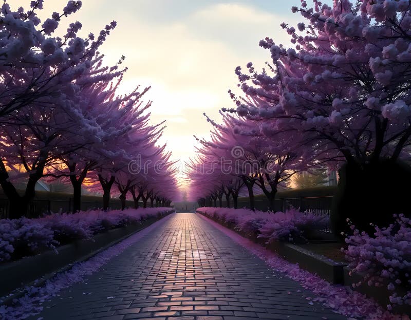 A Straight Cobblestone Pathway, Lined with Blooming Cherry Blossom Tree ...