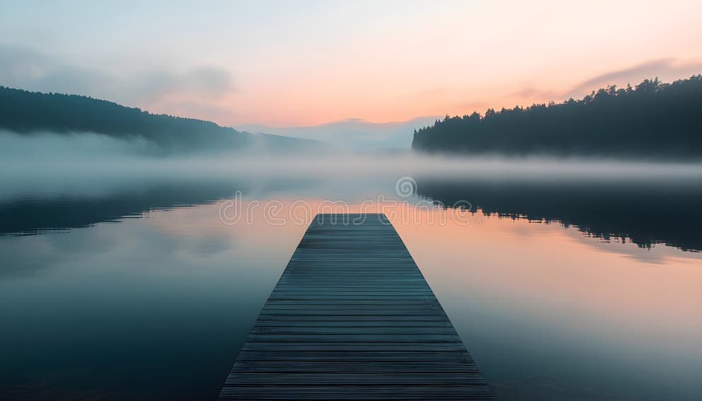 A Straight Flat Simplistic Rectangular Lake Dock, Beautiful Sunrise ...