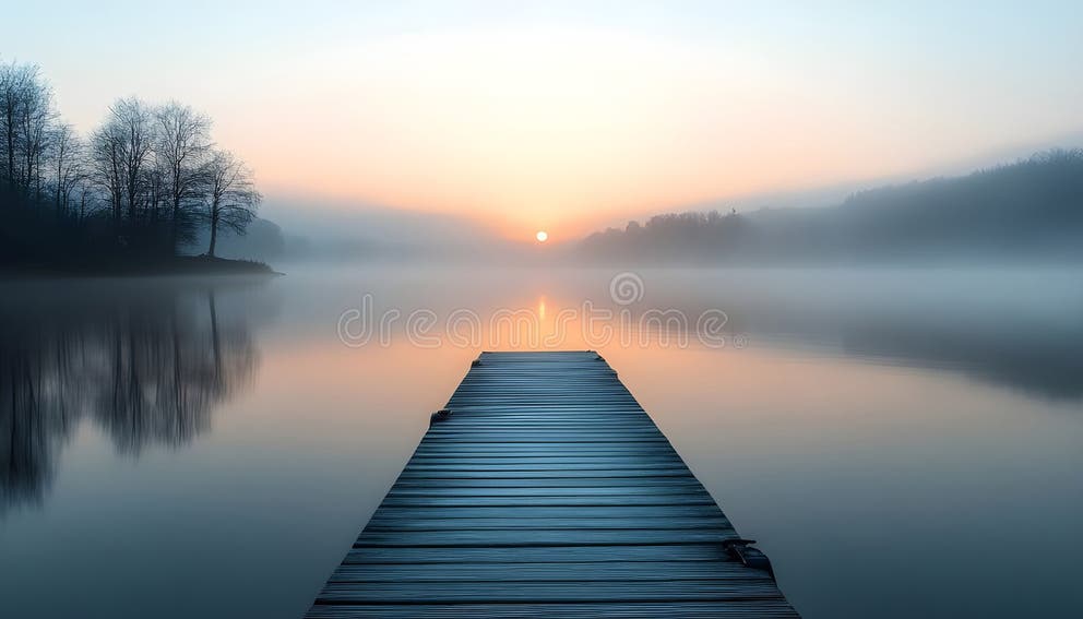A Straight Flat Simplistic Rectangular Lake Dock, Beautiful Sunrise ...
