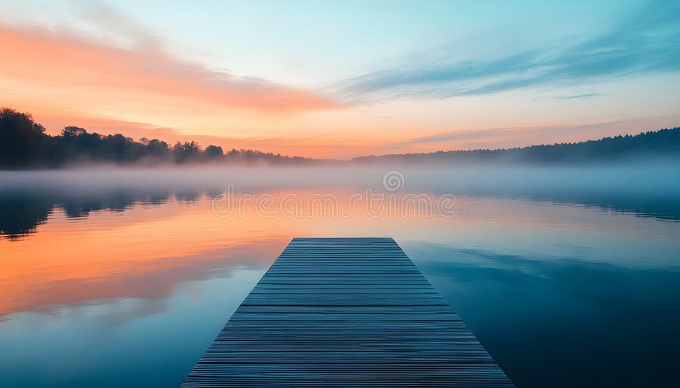 A Straight Flat Simplistic Rectangular Lake Dock, Beautiful Sunrise ...