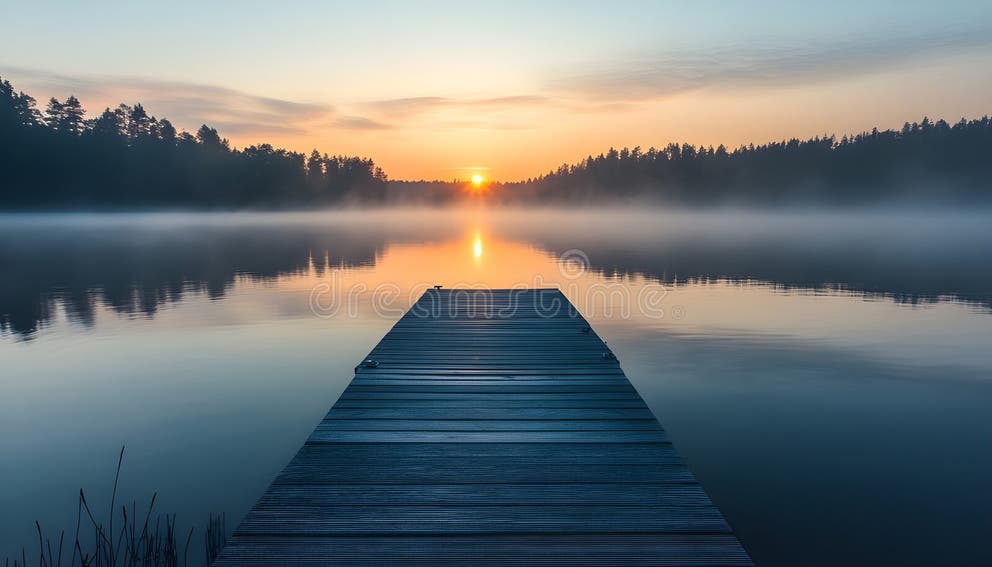 A Straight Flat Simplistic Rectangular Lake Dock, Beautiful Sunrise ...