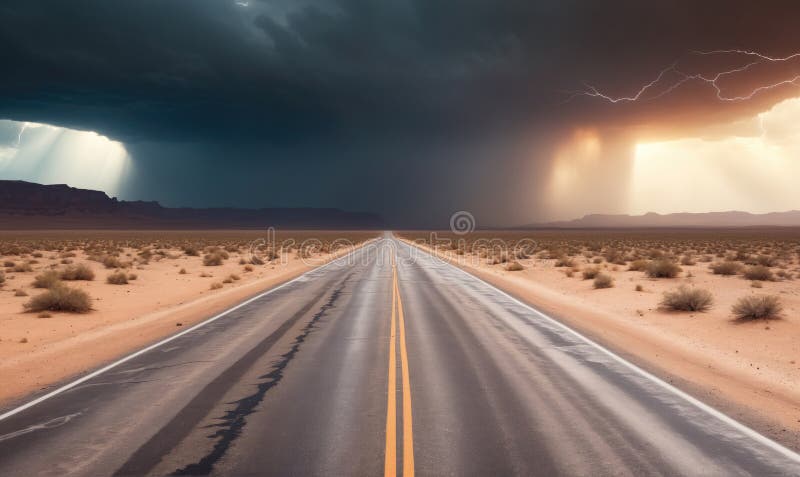 A Straight Road Cuts through the Desert, with a Dark Storm Cloud ...