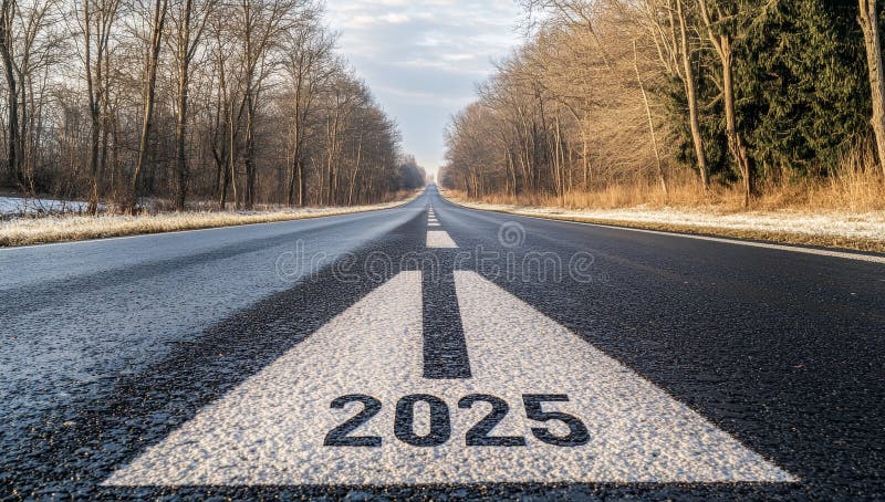 A Straight Road Lined with Trees, Featuring a Clear Arrow Marking the ...