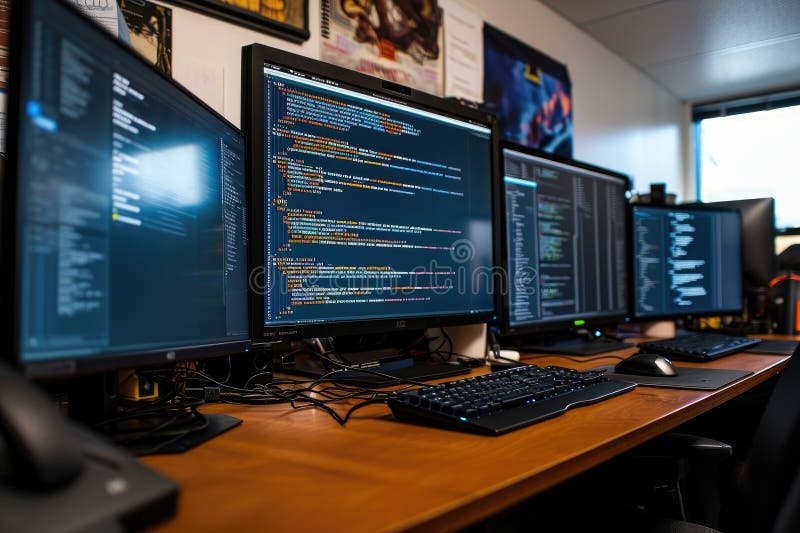 A Straight Row of Computer Monitors Placed on Top of a Sturdy Wooden ...