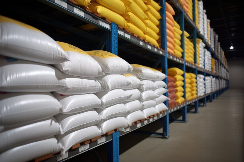 Straight Row of Fertilizer Bags in a Warehouse Stock Image - Image of ...