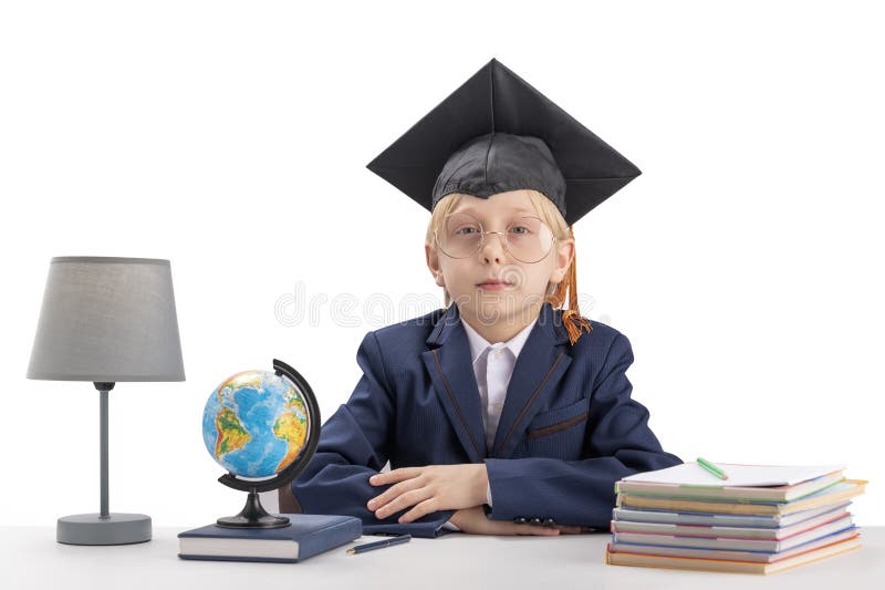 Straight-a Student Sits at Table Next To Notebooks, Textbook and Globe ...
