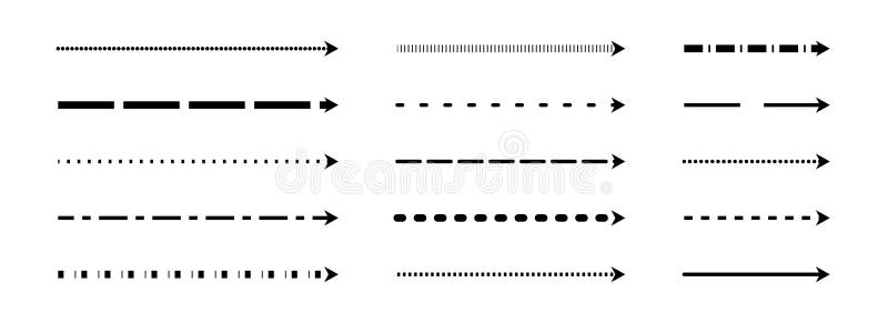 Straight Thin Dash Arrows Collection. Black Long Dotted Arrow Set Stock ...