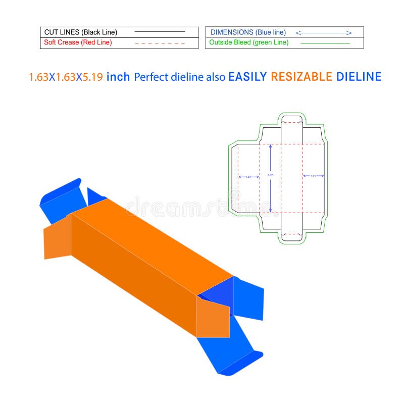 Straight Tuck End Box 1.63x1.63x5.19 Inch Die Line Template and 3D ...