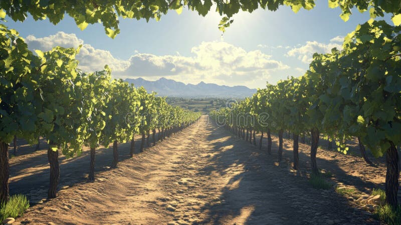 Straight Vineyard Rows Under a Clear Sky with Mountain Backdrop Stock ...