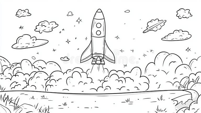 A Straightforward Black and White Drawing of a Rocket Blasting Off ...