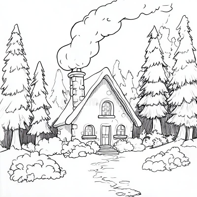 A Straightforward Coloring Book Page Showing a Winter Cabin with a ...