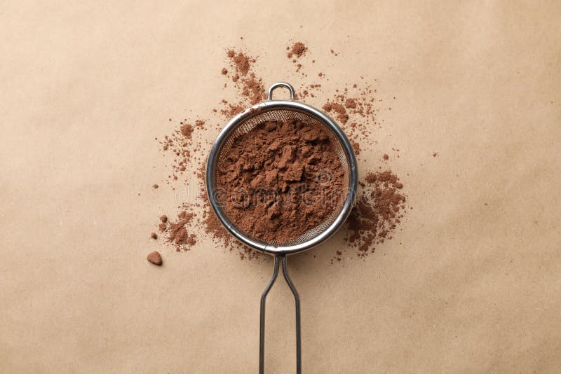 Strainer with Cocoa Powder on Background, Top View Stock Image - Image ...