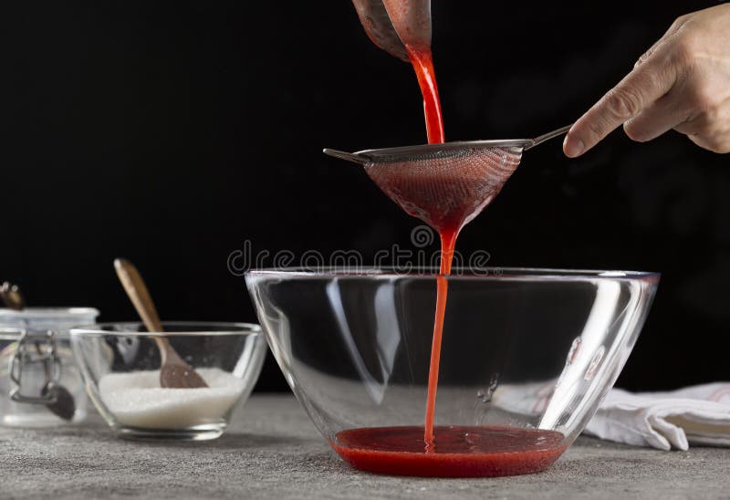 Strainer Syrup Making Strawberry Jam Pouring Strawberry Syrup, Close Up ...
